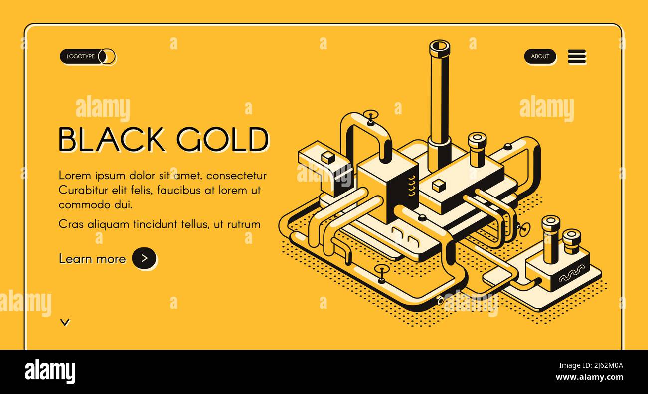 Black gold vector web template or banner with oil refinery plant line ...