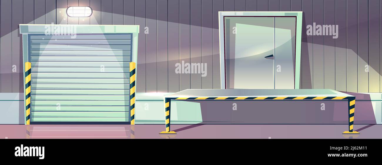 Warehouse with roller shutter entrance door and unloading dock platform ...