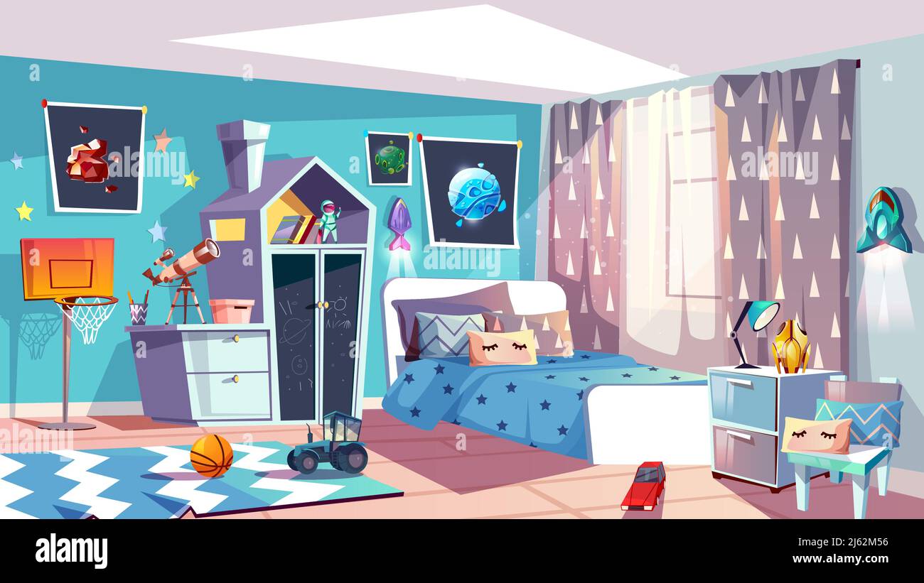 Kid boy room interior vector illustration of modern bedroom furniture ...