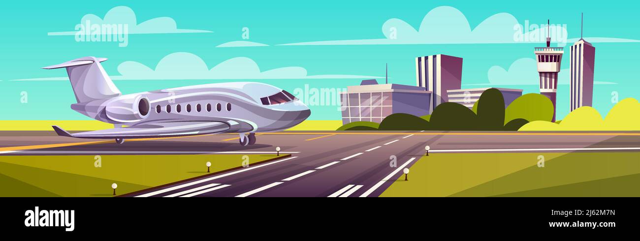 Vector cartoon illustration, gray airliner, jet on runway. Takeoff or ...