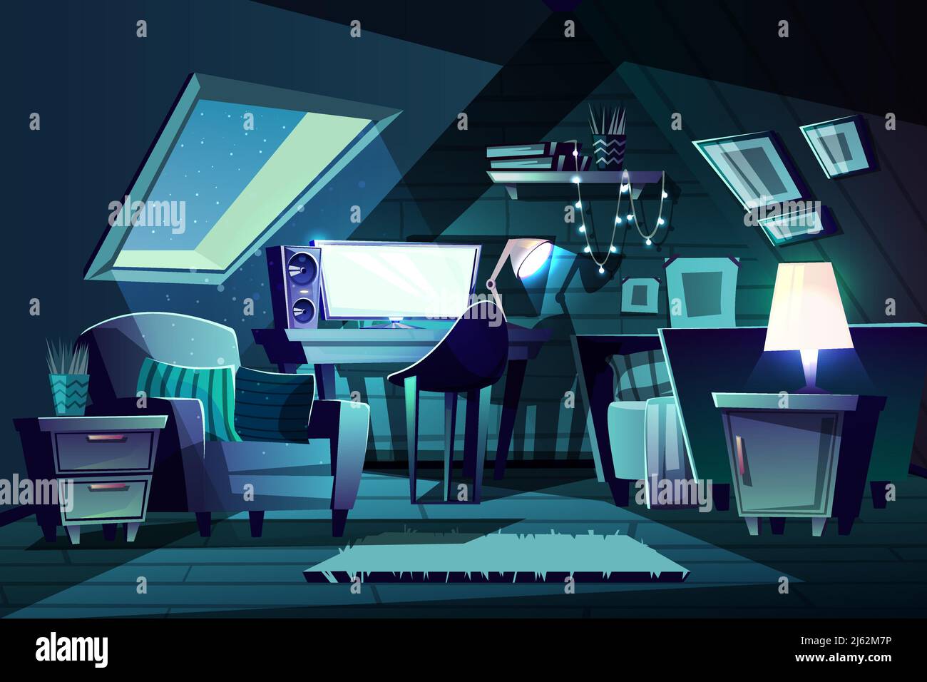 Vector illustration of girl's room at night. Cartoon garret with window ...