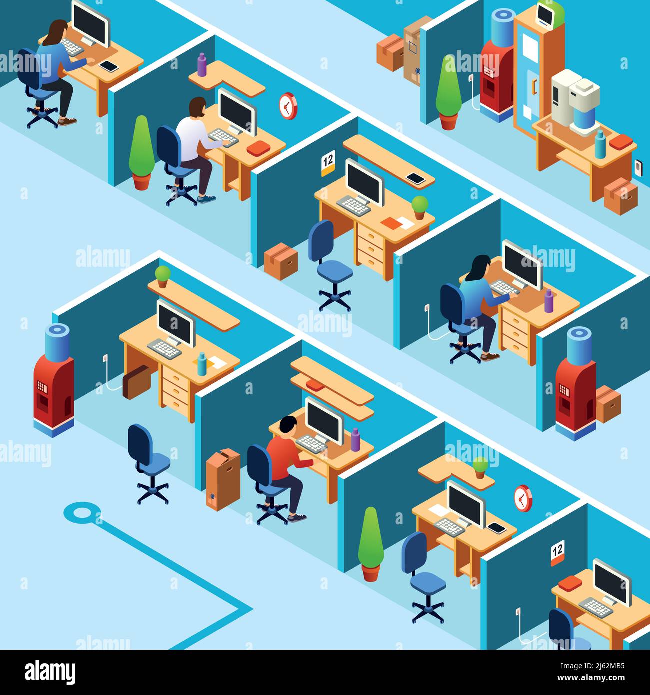 Vector isometric cubicle office plan, coworking with working clerks ...
