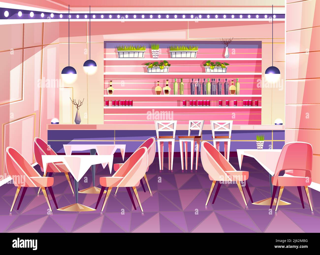 Vector cartoon cafe with bar counter - cozy interior with plants in ...