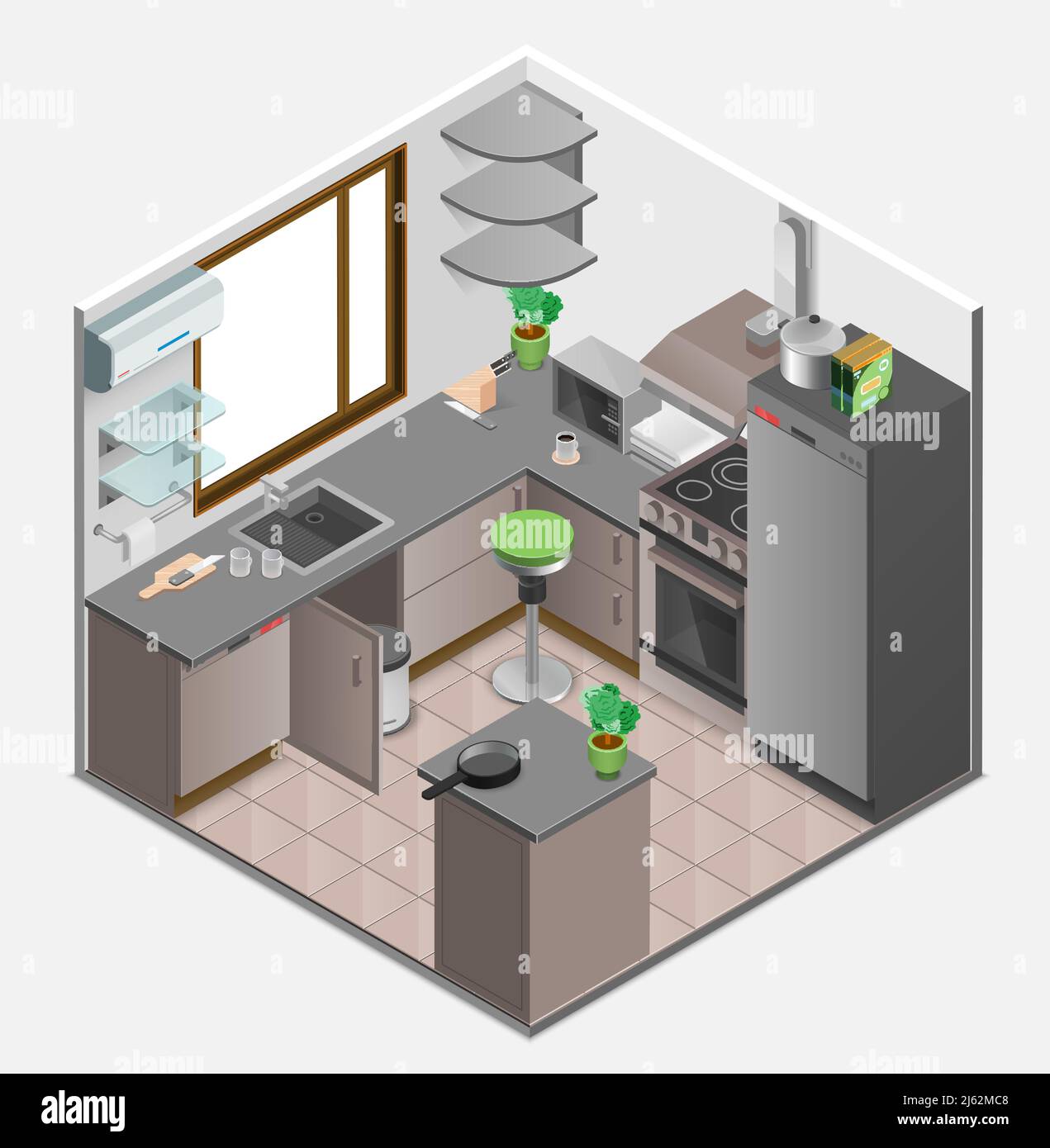 Kitchen interior isometric concept with furniture devices and utensils ...