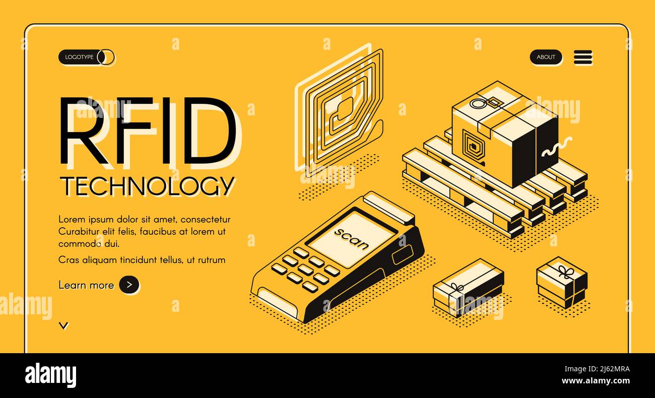 RFID technology for delivery tracking isometric vector web banner. Electromagnetic track tag on ...