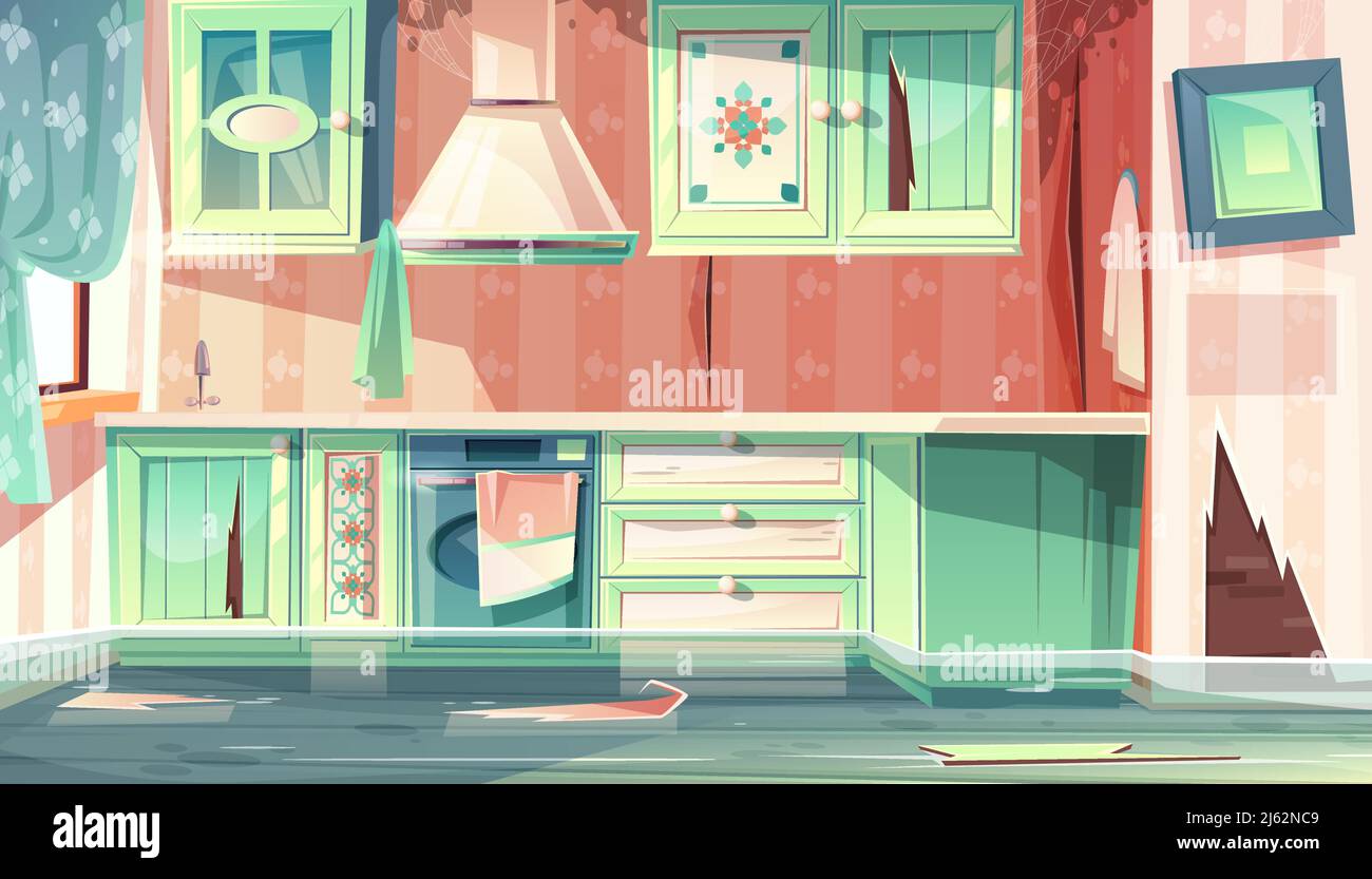 Vector cartoon background with provence room, the flood in dirty ...