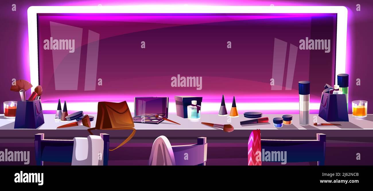 Wide mirror for makeup surrounded by frame of LED strip lght, cartoon ...