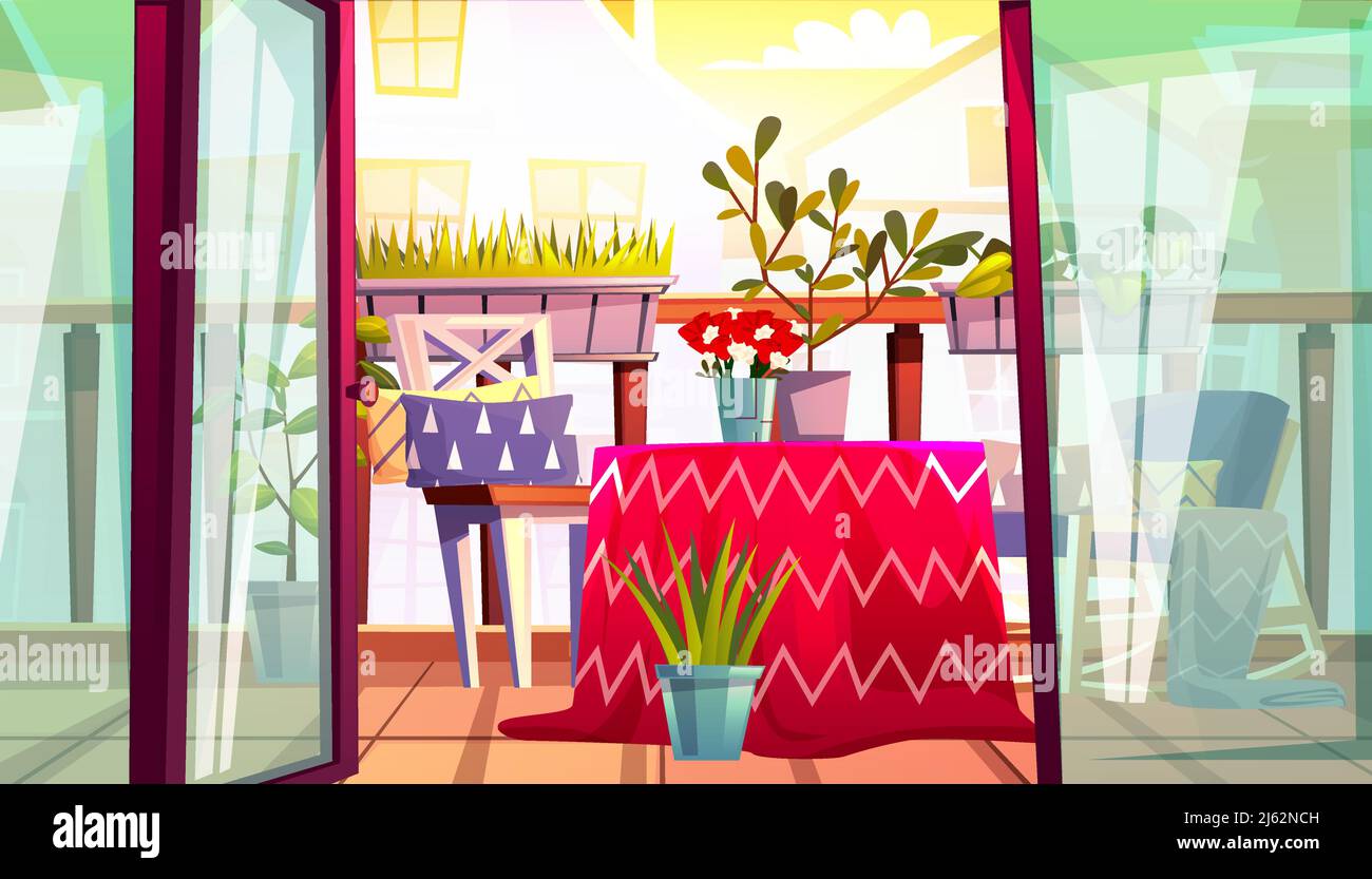 Balcony with table and chairs vector illustration of home terrace from ...