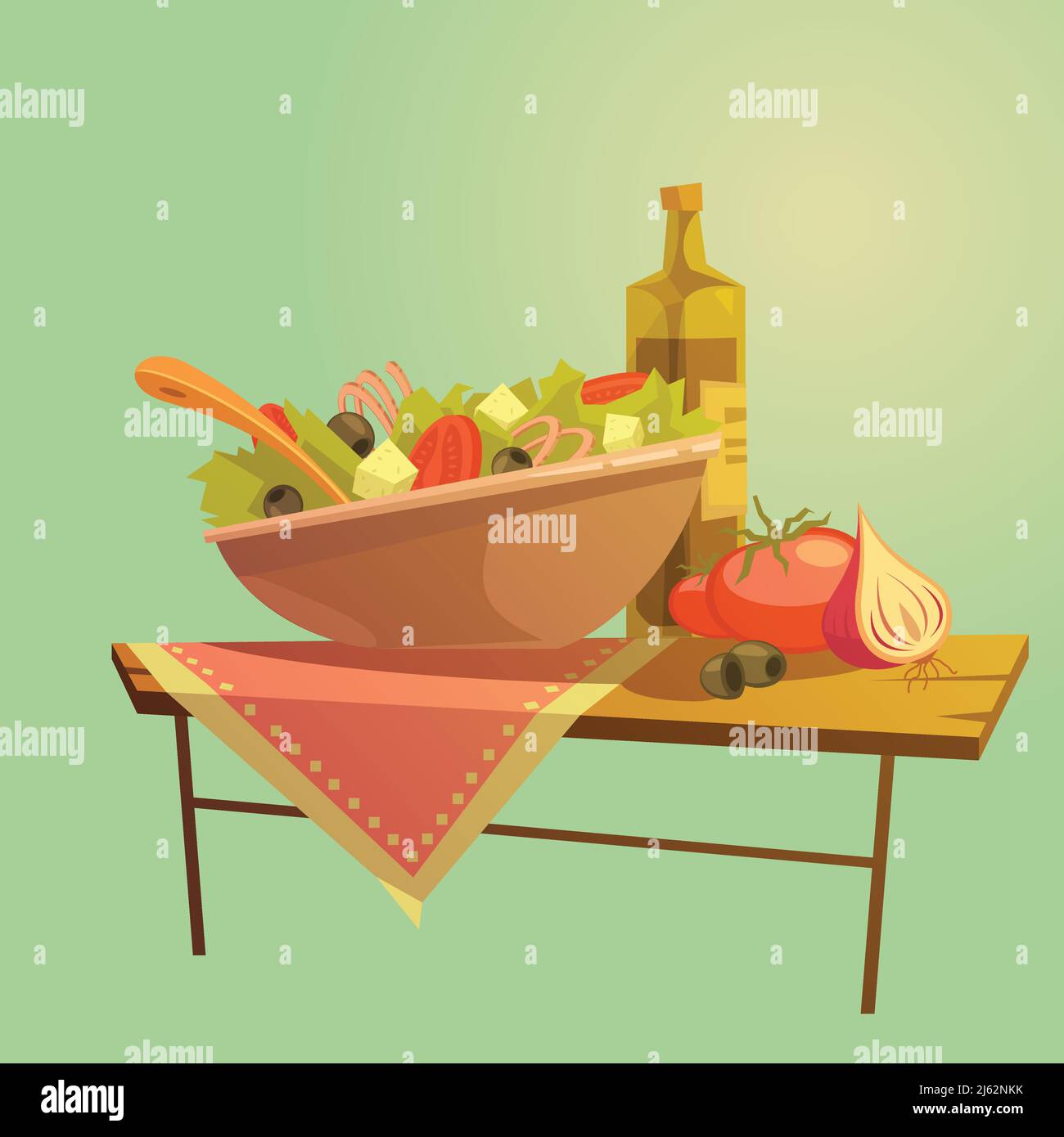 Salad cartoon concept with ingredients table and table cloth vector ...
