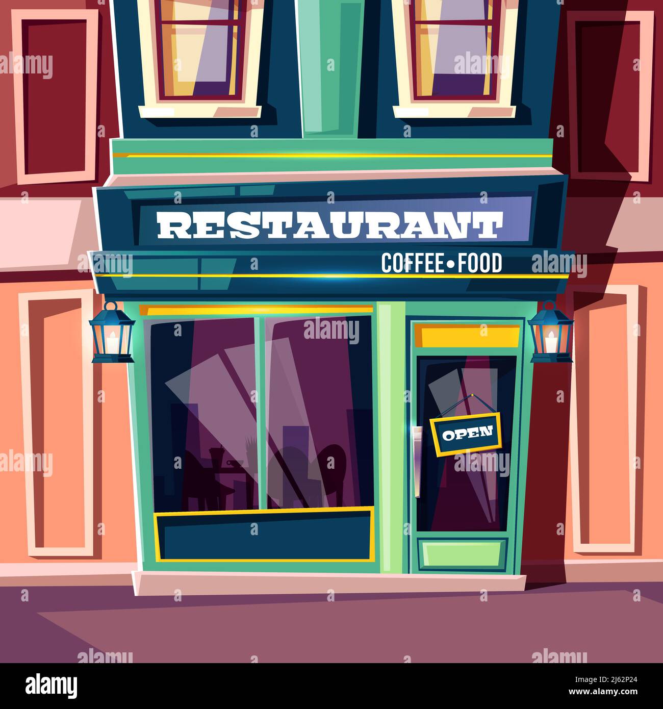 City street restaurant with open plate on entrance door and vintage ...