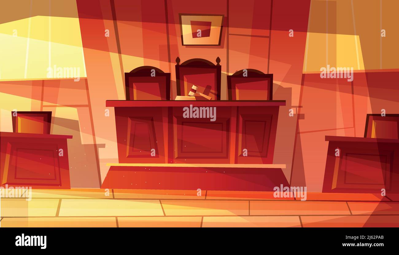 Vector illustration of empty courthouse interior with furniture. Court ...