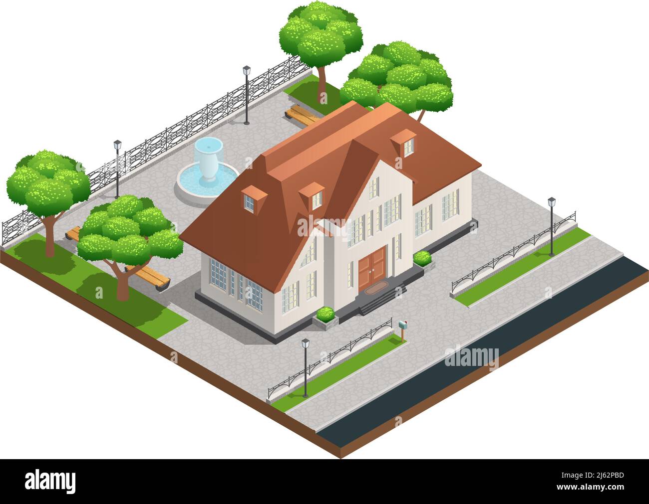 Isometric composition with suburban house and big clean yard with ...