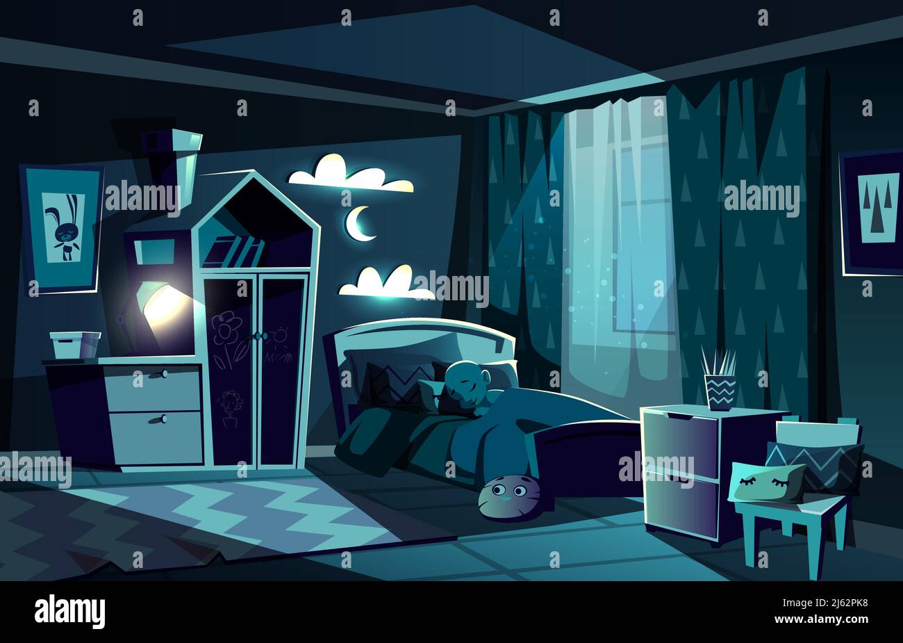 Lit by moonlight children room with little boy slipping in cosy bed ...