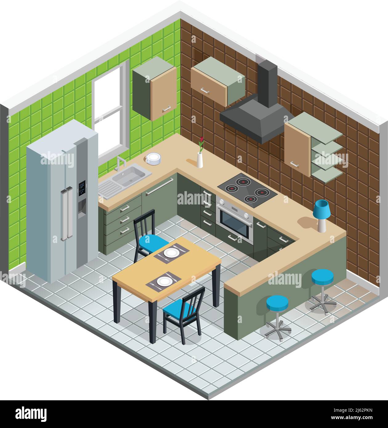 Kitchen interior isometric concept with fridge stove and table vector ...