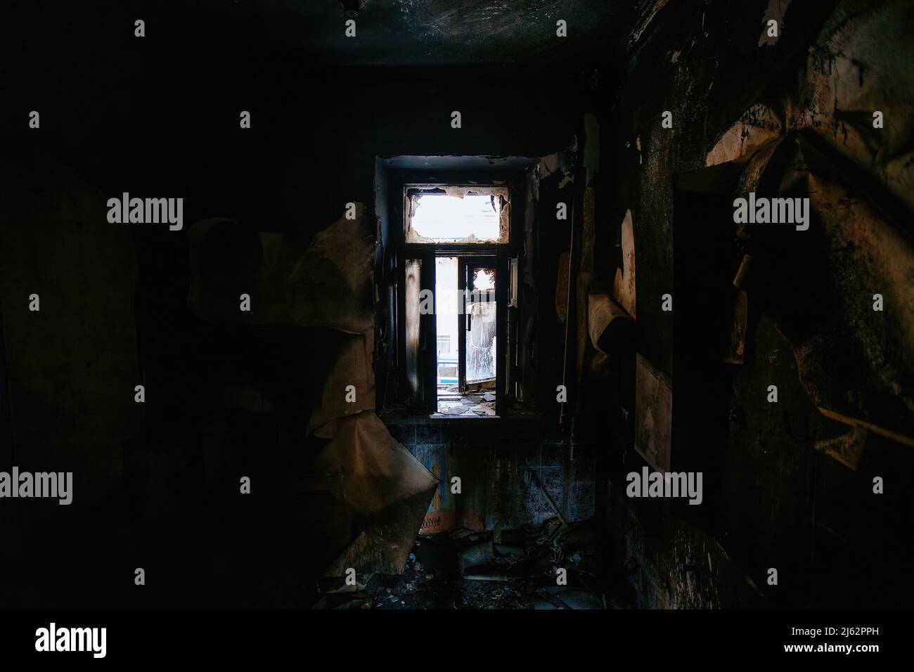 Burnt house interior. Charred walls. Consequences of fire Stock Photo ...