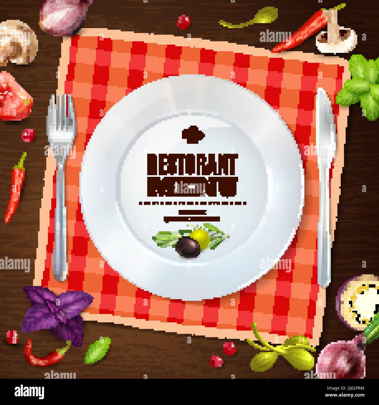 Restaurant menu front page with plate and cutlery set on napkin ...