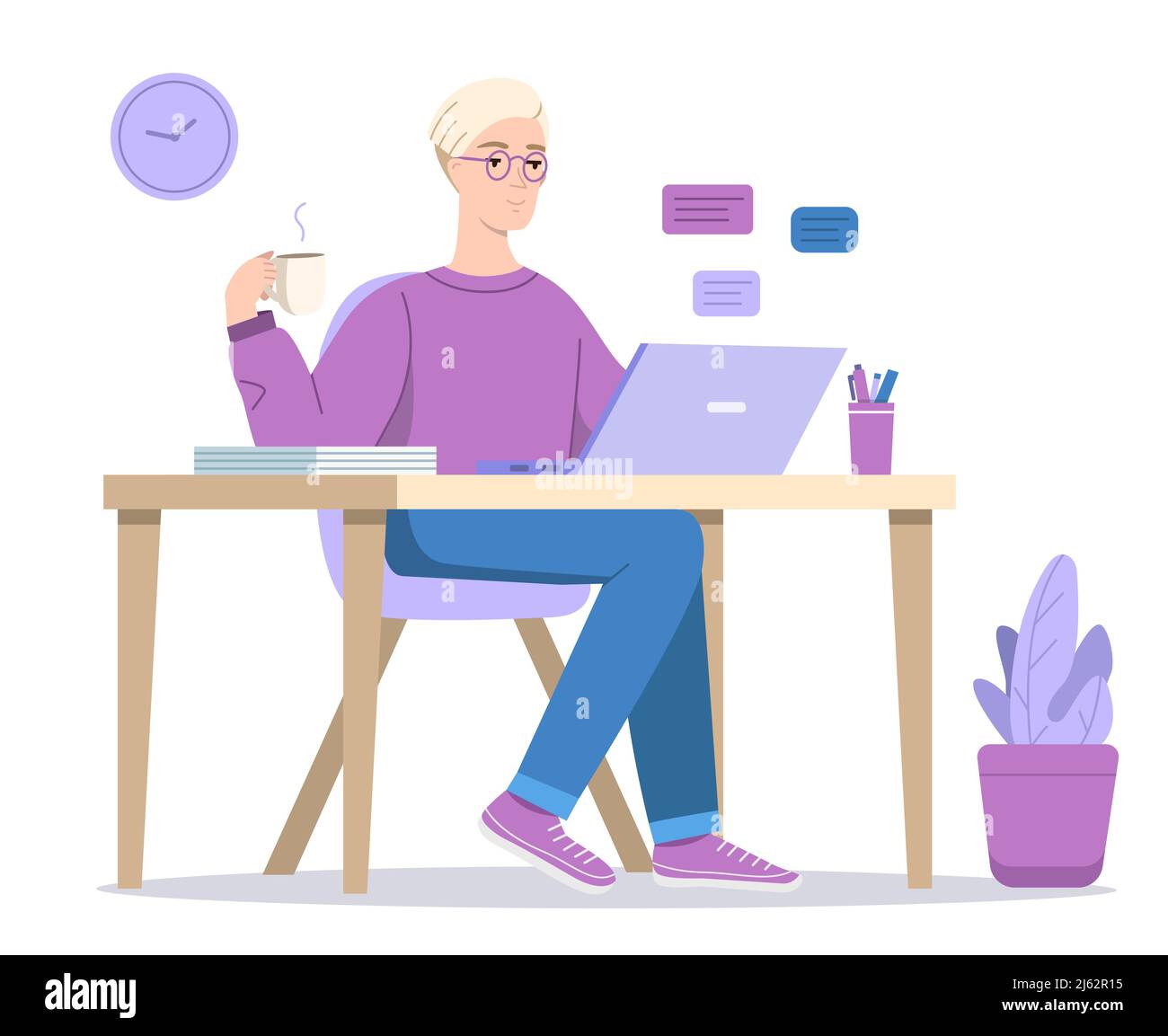 Man at computer vector illustration of boy texting in chat in laptop ...