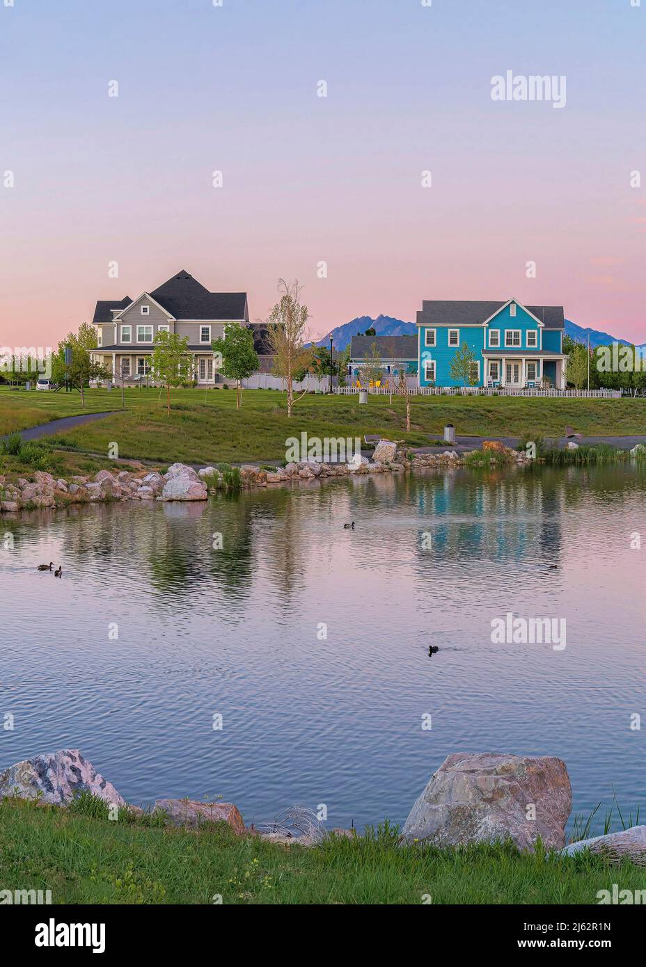 Vertical Reflective Oquirrh Lake waterfront at Daybreak, Utah Stock ...