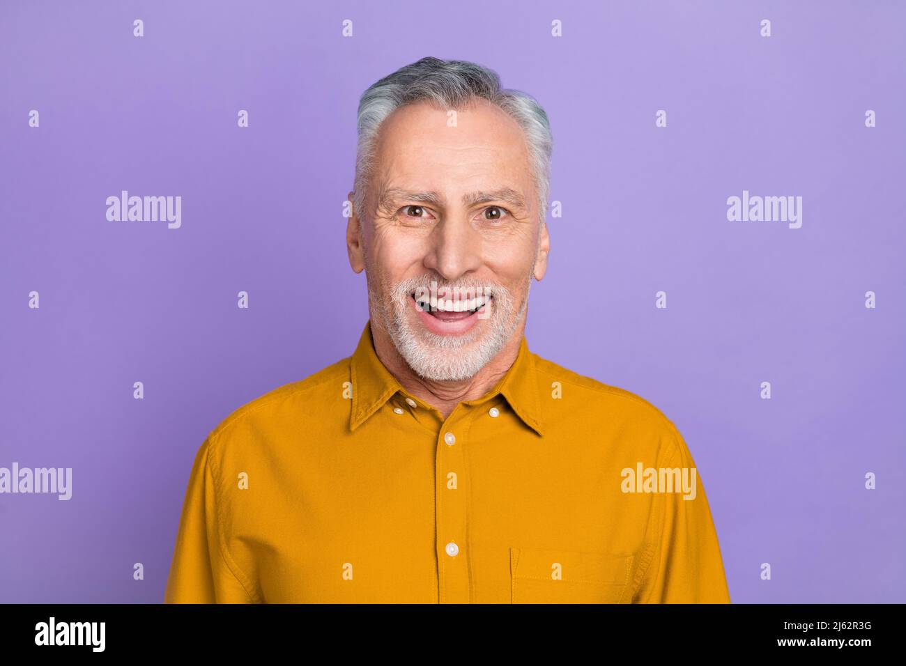 Photo of funky elder white hairdo man wear yellow shirt isolated on ...