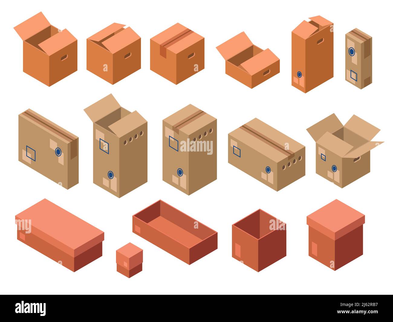 Vector isometric shipping package cardboard boxes set. Open closed ...