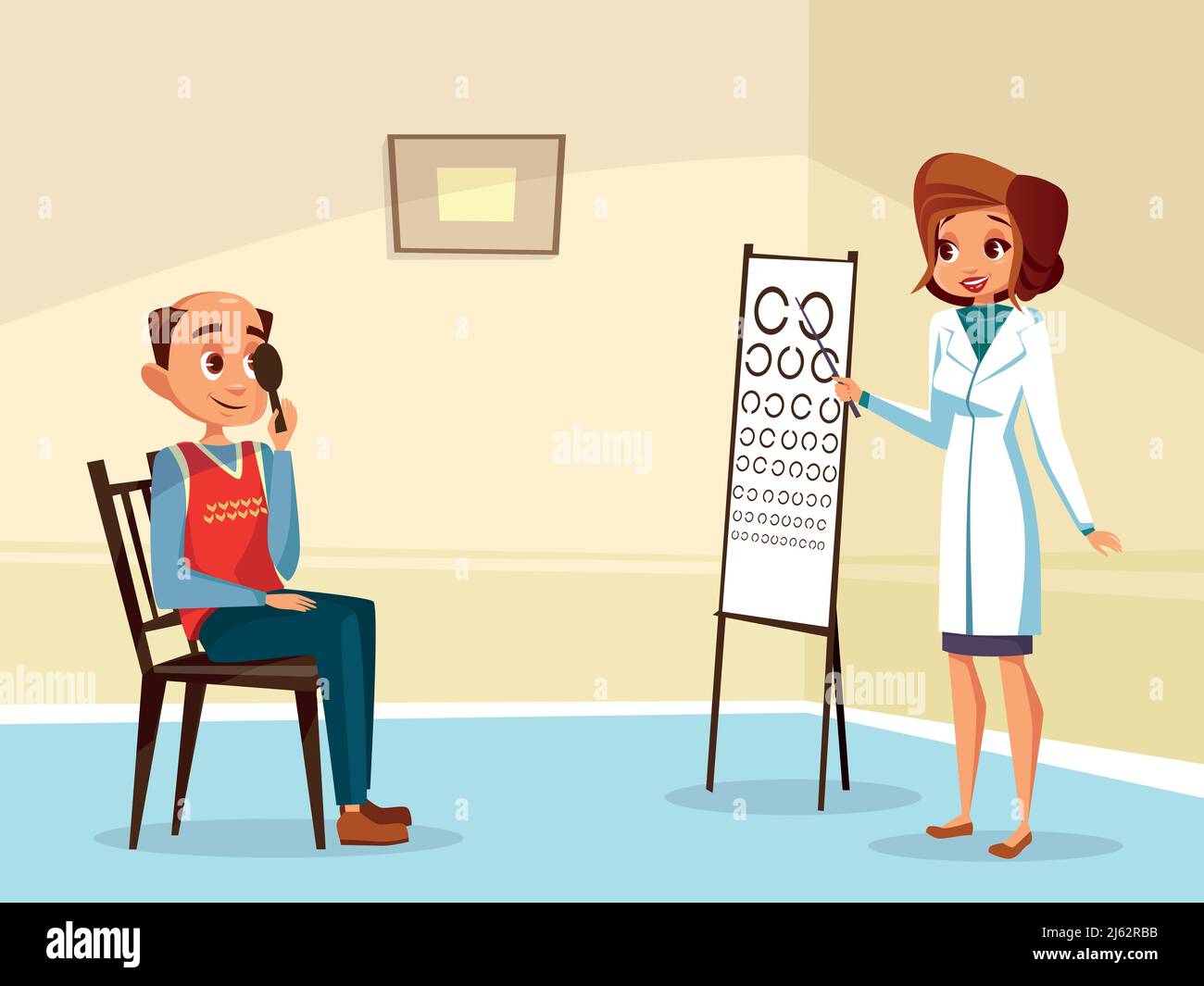 Vector cartoon woman doctor ophtalmologist doing eyesight test to adult ...