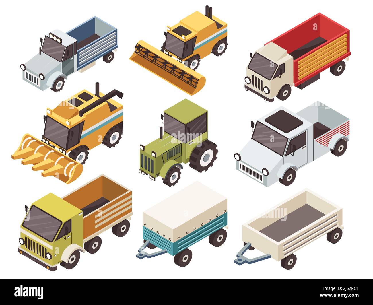 Farm vehicles isometric set with various type of trucks harvesters ...