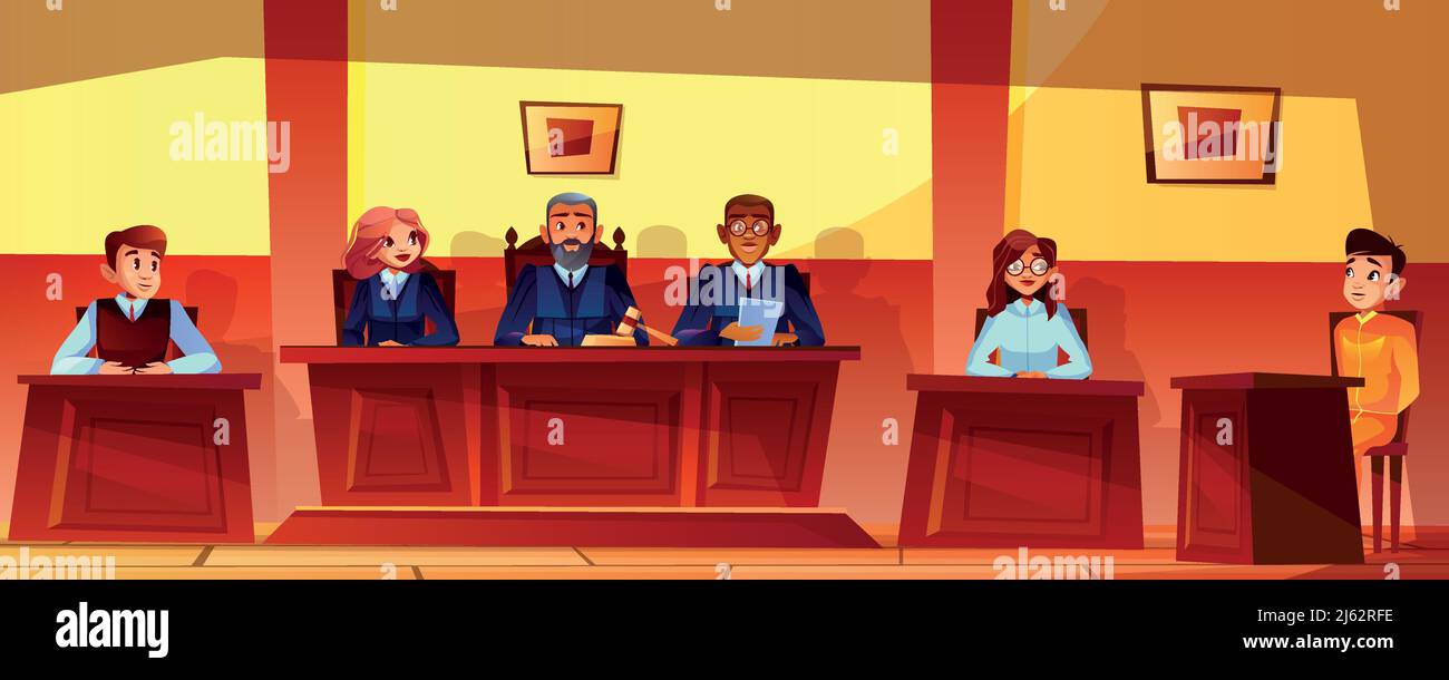 Court hearing vector illustration of courtroom interior background ...
