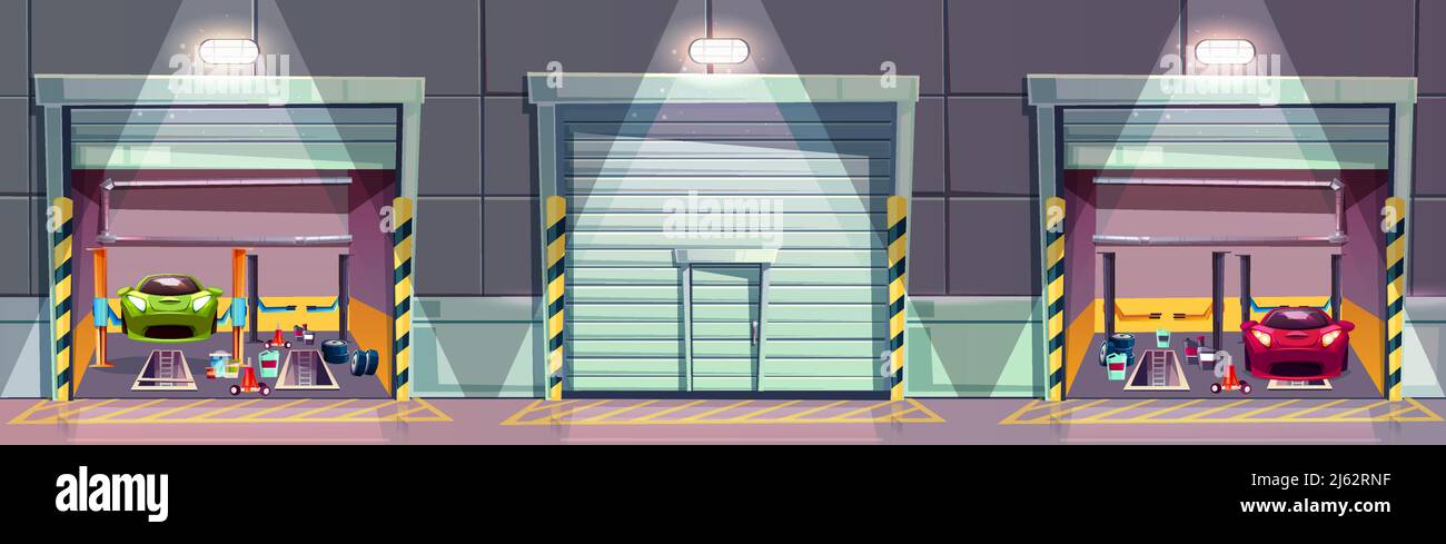 Vector cartoon mechanic box with car on lift, repairing of the vehicle ...