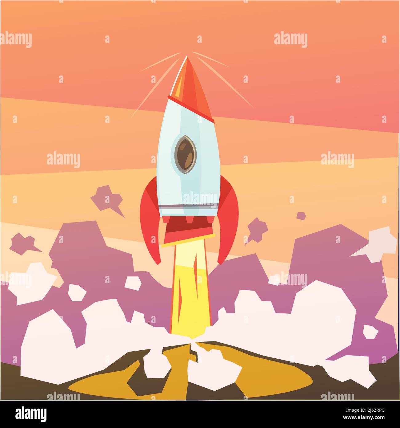 Rocket launch and startup cartoon background with ground and fire ...