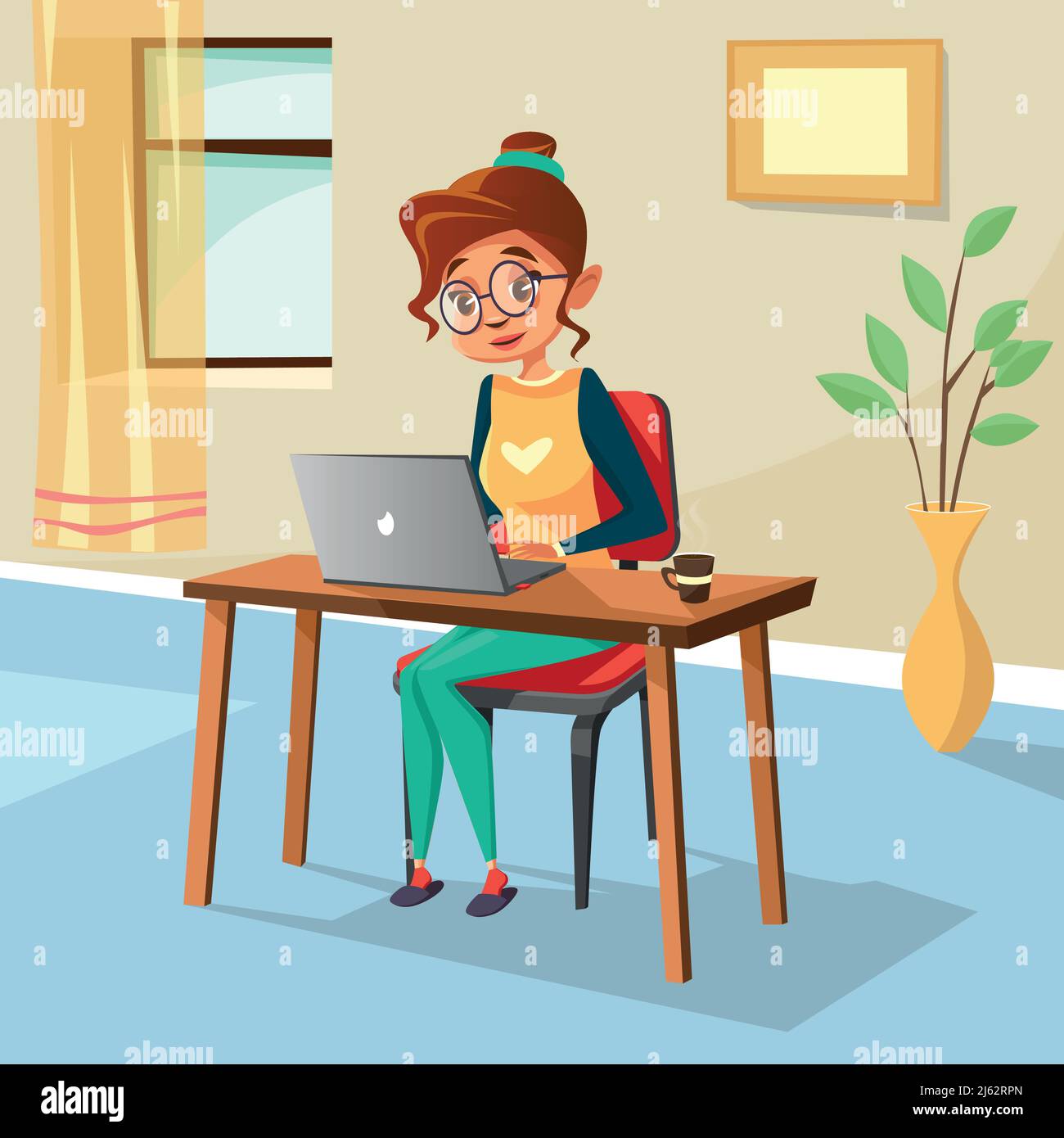 Vector cartoon girl sitting at cozy workplace desk typing laptop ...