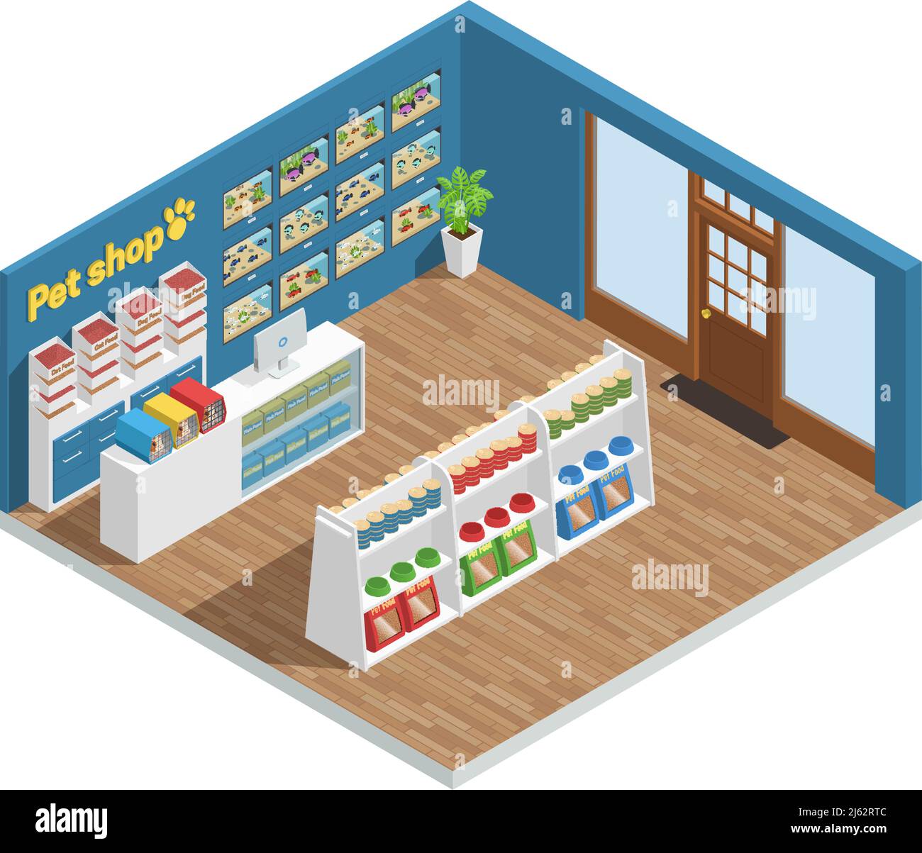 Pet shop interior composition with food accessories and toys isometric ...