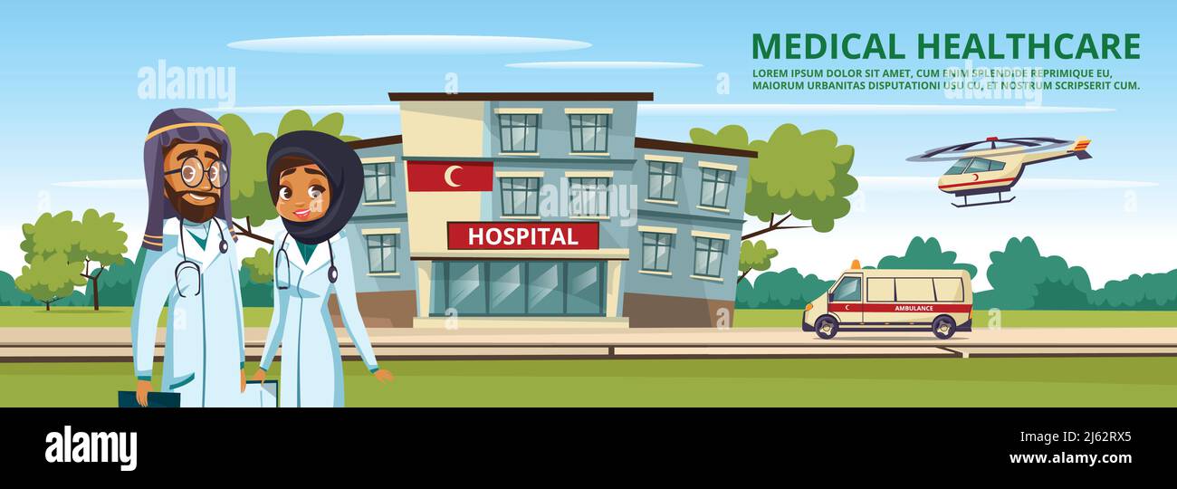 Vector cartoon muslim arab male female doctor nurse hospital background ...