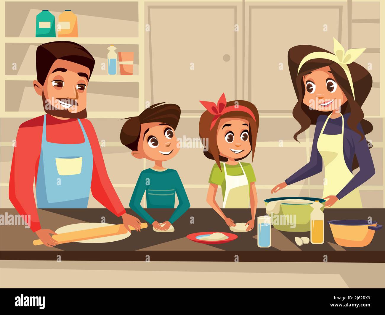 Modern family together cooking at kitchen vector cartoon flat ...