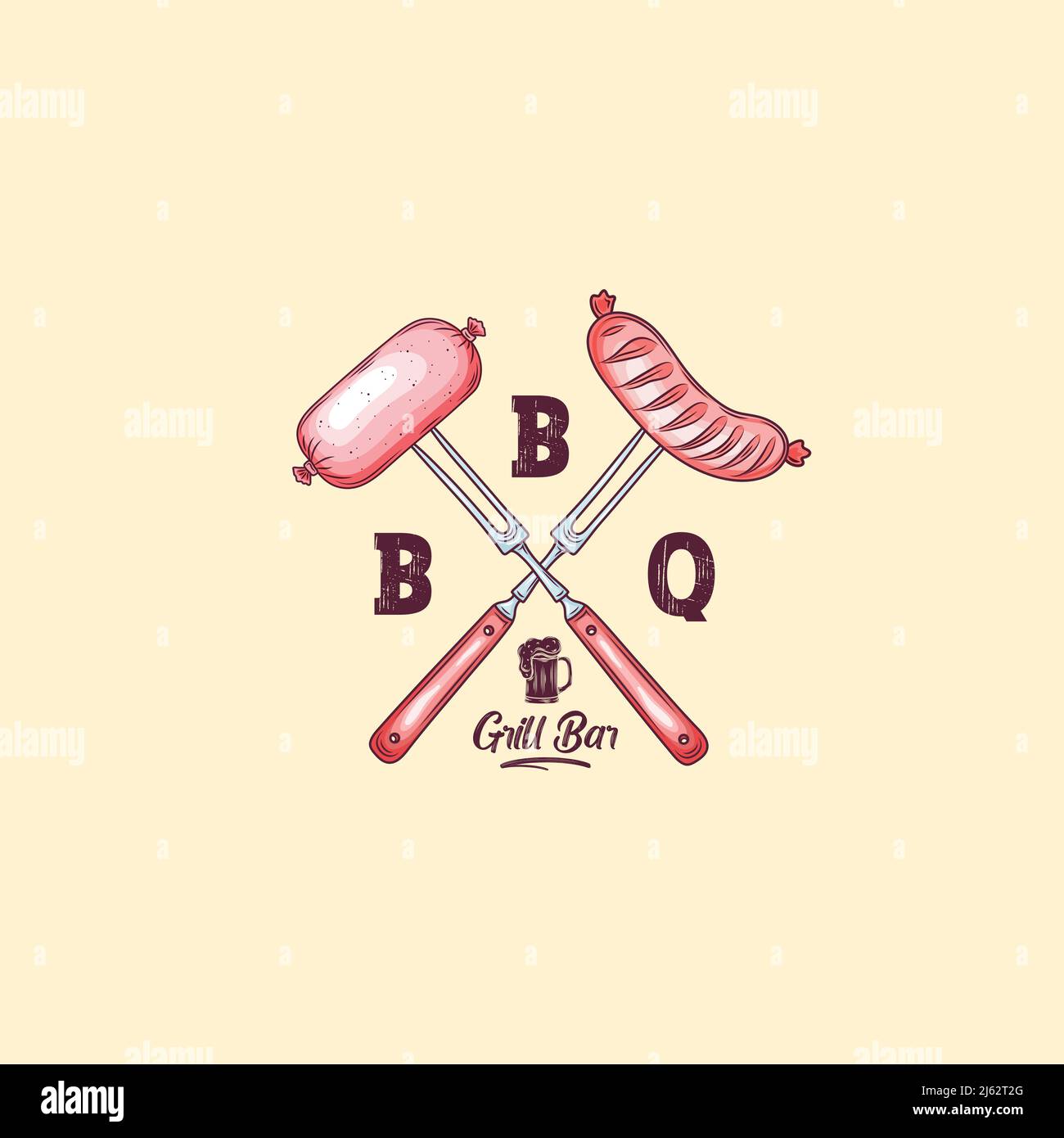 Label of Steak Grill restaurant with grill fork, text Steak Grill ...