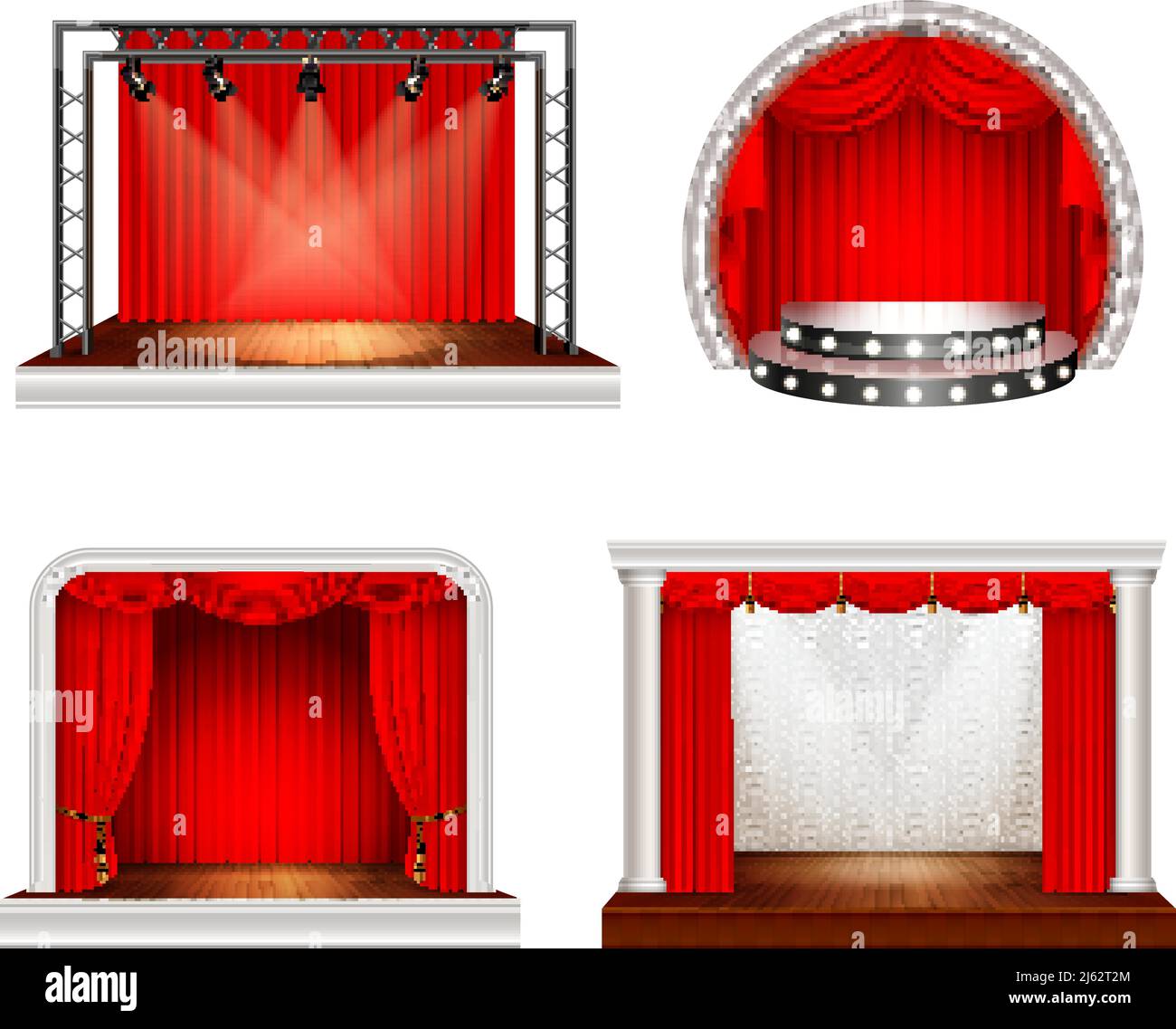 Realistic stages set with four images of empty space stage with red ...