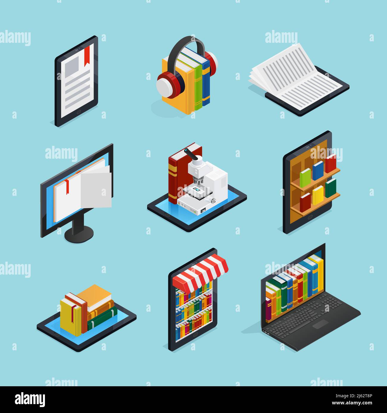 Online books isometric set with listening reading on mobile device ...