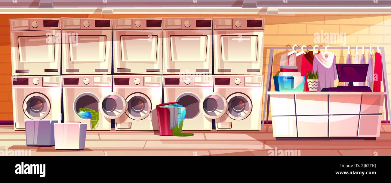 Laundry shop room interior vector illustration of laundromat public or ...