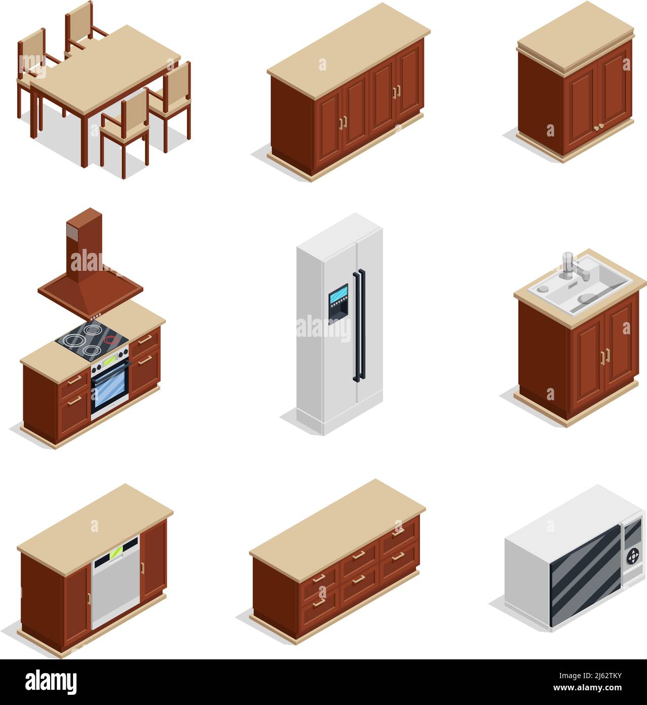 Kitchen furniture isometric icons set with fridge and table isolated ...