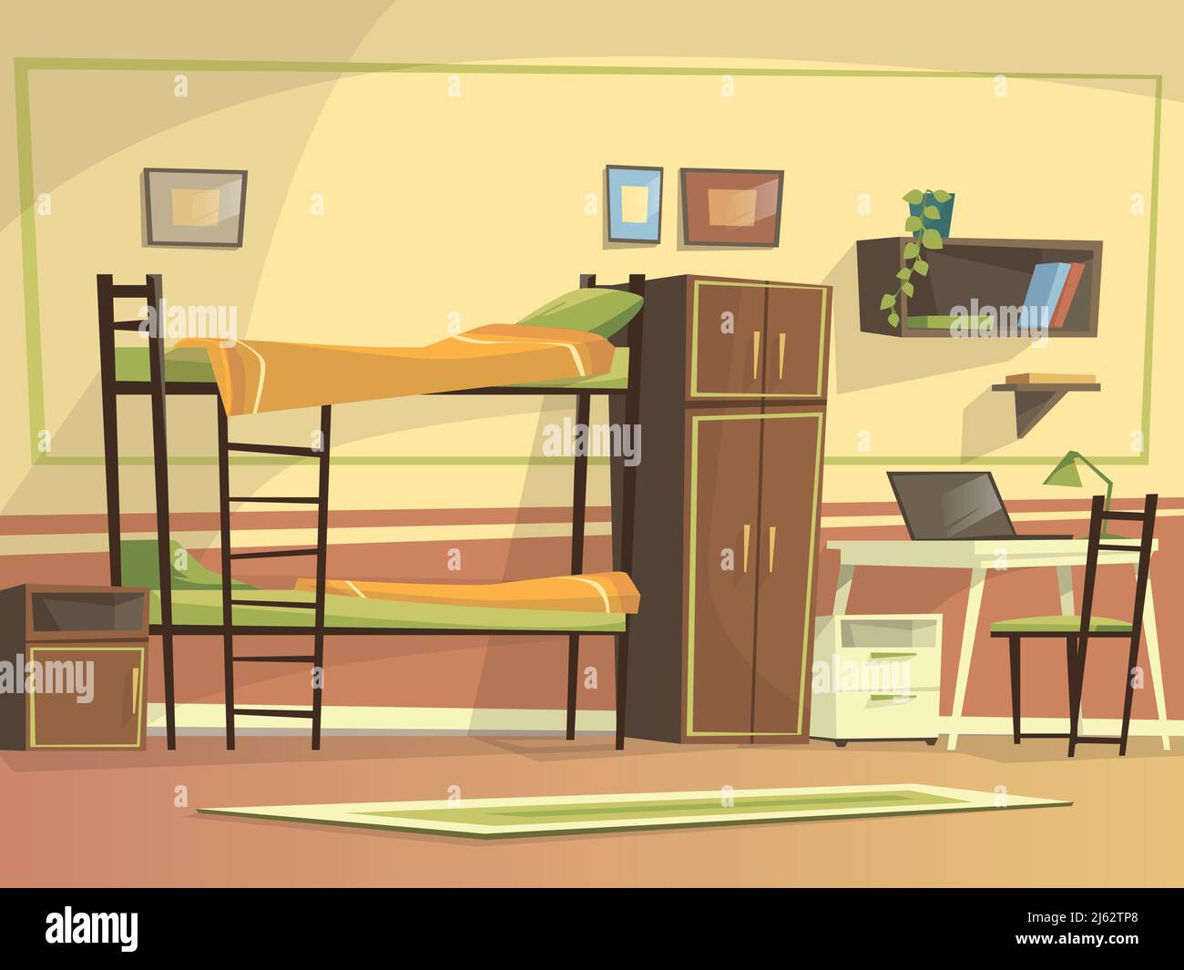 Vector cartoon student dormitory room interior background template ...
