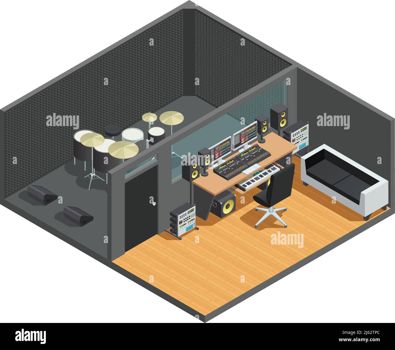 Music studio isometric interior composition with drum kit sound box and ...