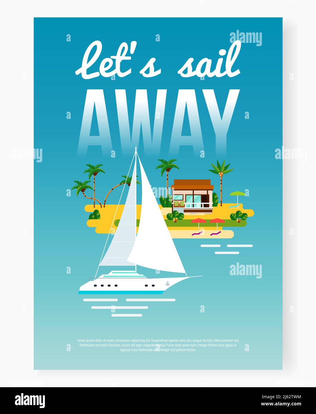 Tropical vacation poster background with flat ocean yacht and island ...