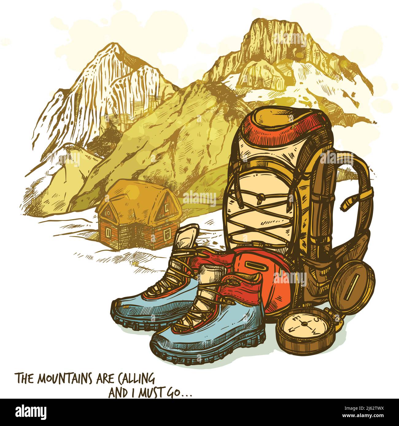 Trendy hand drawn hiking poster with boots compass and backpack on ...