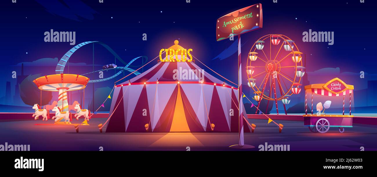 Amusement park at night. Carnival circus tent, ferris wheel, roller ...