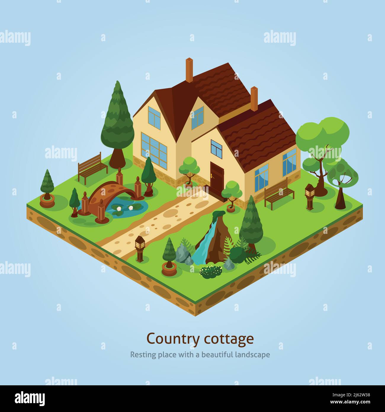 Isometric country landscape design concept with various decorative ...