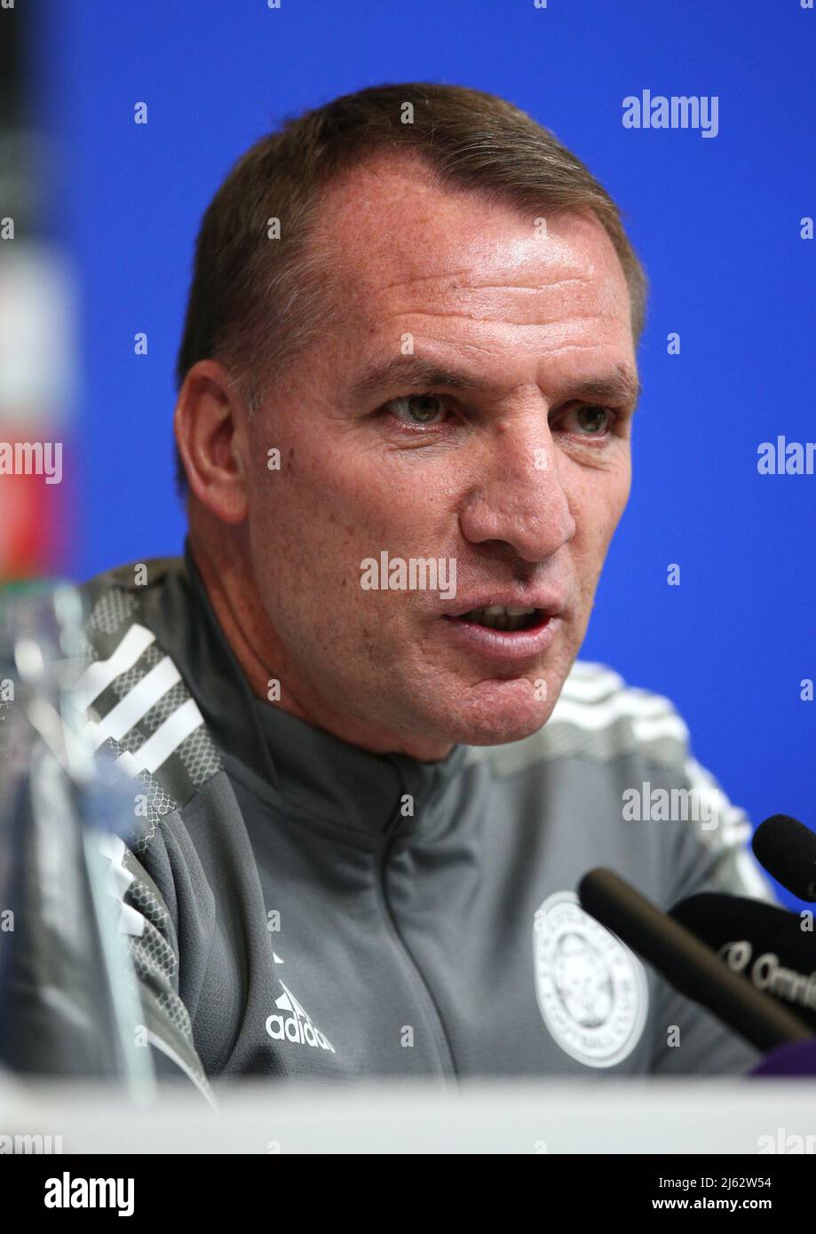 Leicester City manager Brendan Rodgers during a press conference at the ...