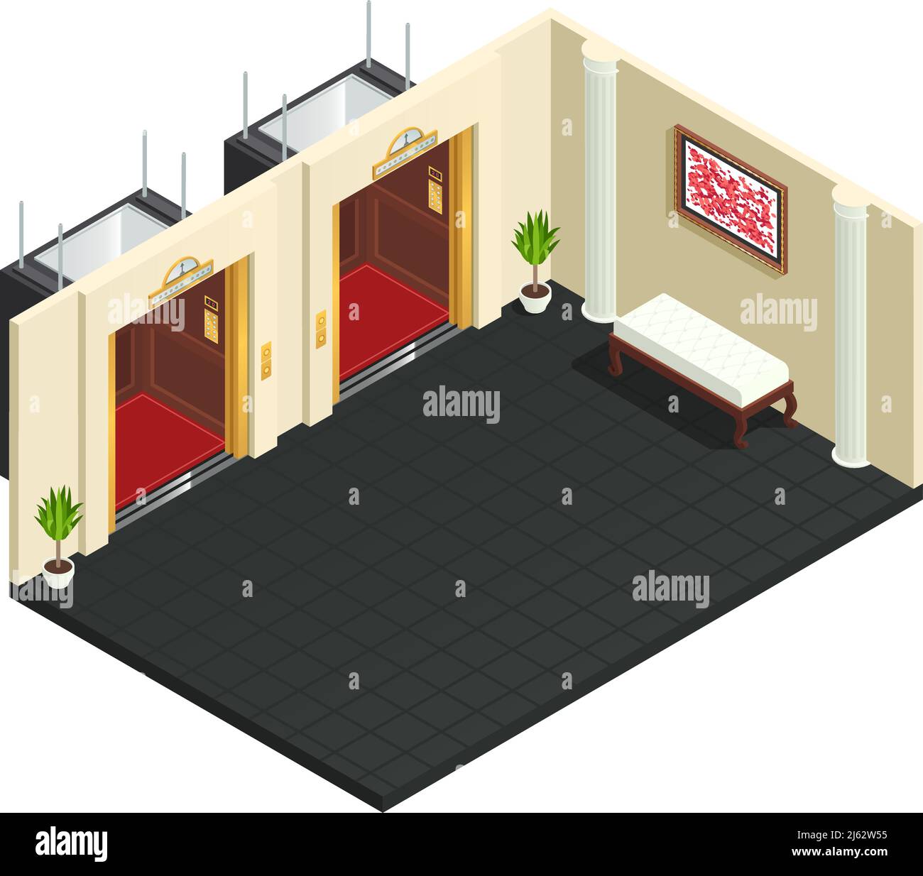 Elevator hall isometric interior composition with two lift lobby of ...