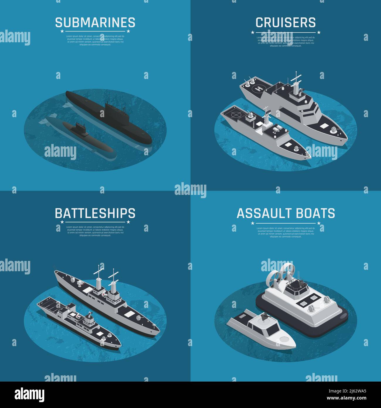 Four square military boats isometric icon set with submarines cruises ... Four square military boats isometric icon set with submarines cruises ...