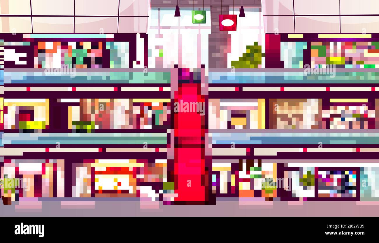 Mall shop vector illustration of shopping store interior with escalator ...