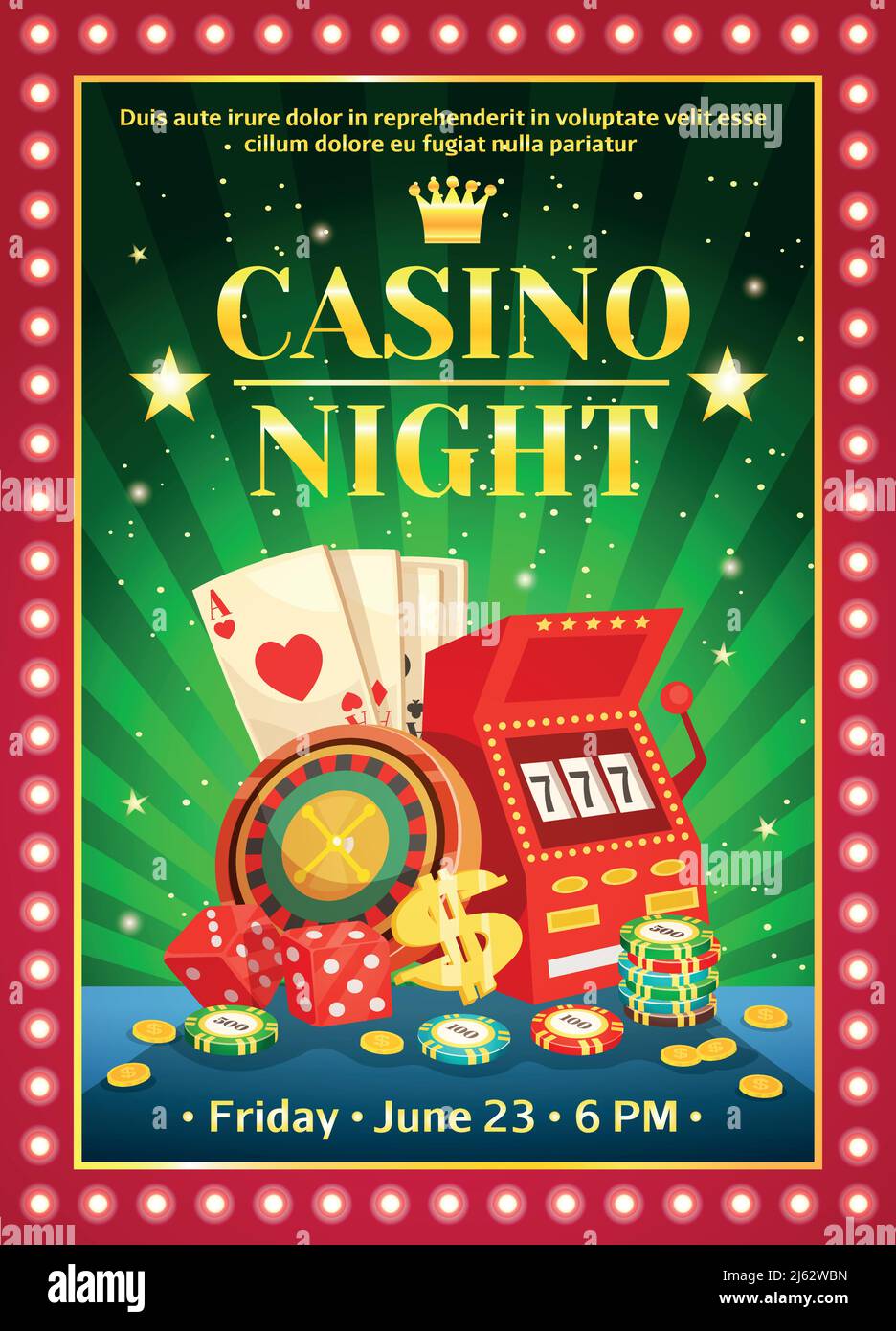 Night Casino bright poster with event date and game accessories flat ...