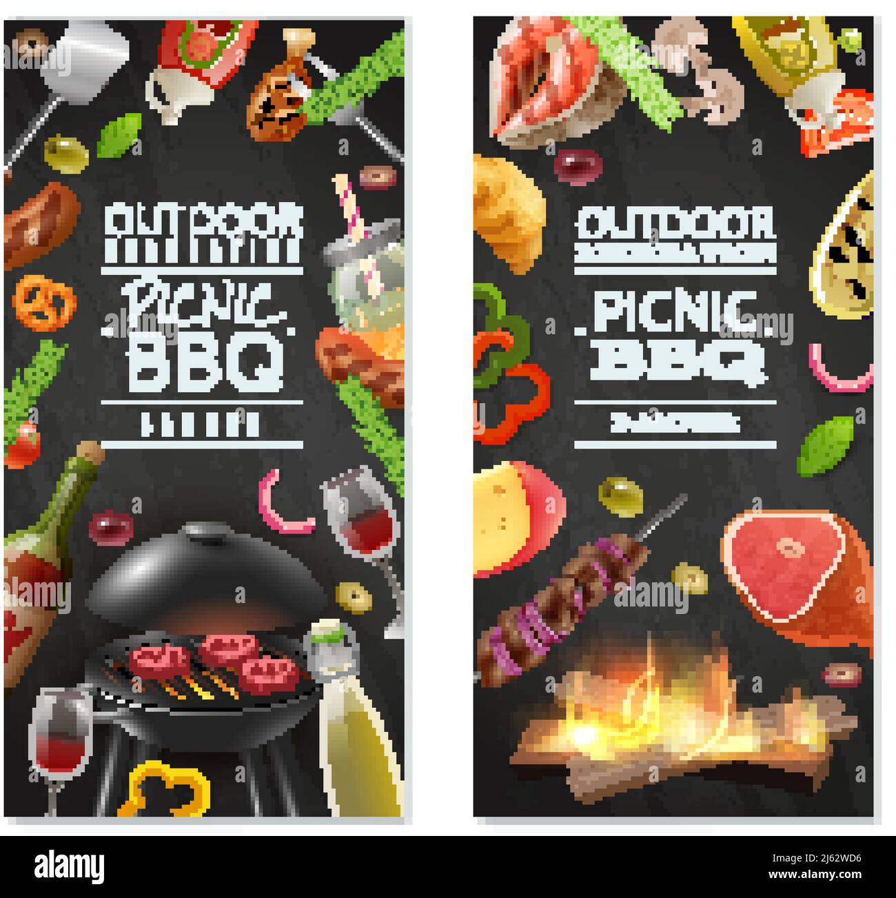 Picnic barbecue vertical banners with meat on grill vegetables wine ...